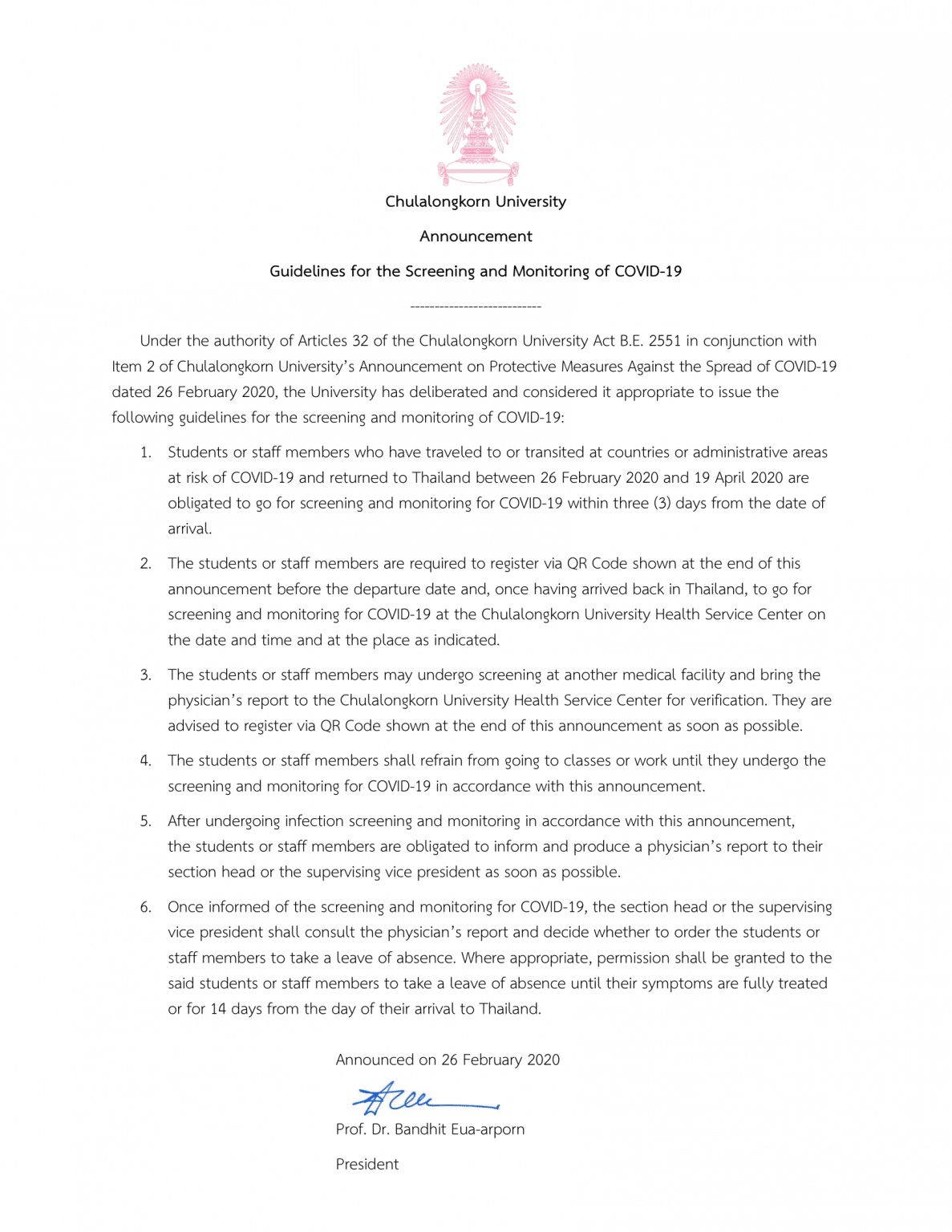Chulalongkorn University Announcement on Guidelines for the Screening and Monitoring of COVID-19 ...