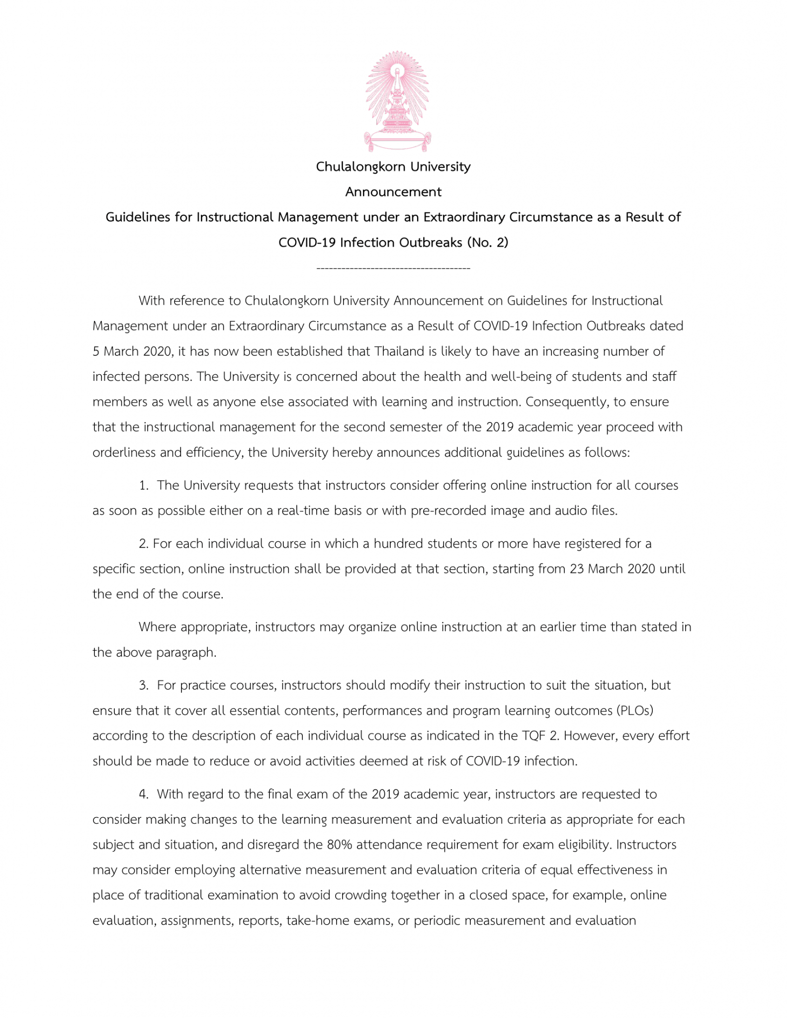 Chulalongkorn University Announcement on Guidelines for Instructional ...