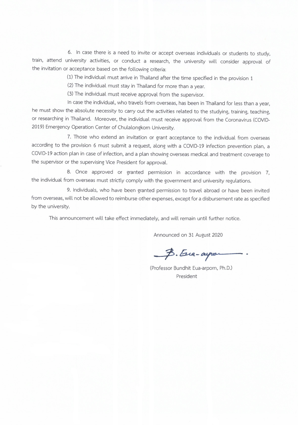 Chulalongkorn University Announcement Guidelines for the Studying ...