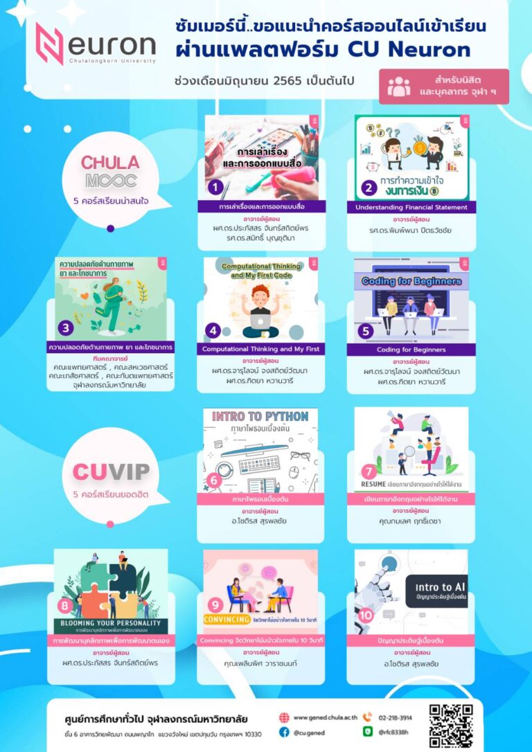เชิญชวนนิสิตและบุคลากรจุฬาฯ เรียนรู้ออนไลน์ ผ่านแพลตฟอร์ม CU Neuron เดือนมิถุนายน 2565 ...