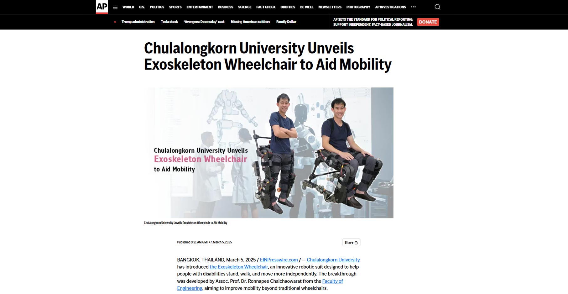 [AP News] Chulal Unveils Exoskeleton Wheelchair to Aid Mobility ...